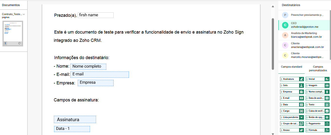 Envio de documentos do Zoho Sign pelo Zoho CRM com campos automáticos